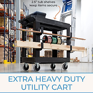 Stand Steady Tubstr 2 Shelf Utility Cart | Heavy Duty Service Cart Holds 400 lbs. | Adjustable Storage Hooks, Ladder & Spool Holders | Tub Cart for Warehouse, Garage, School & Office (32 x 18in/Black)