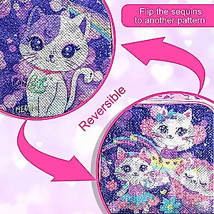 UFNDC 4PCS Rolling Backpack for Girls, Kids Cat Sequin Wheeled Bookbag ，Travel Roller School Bag with Wheels