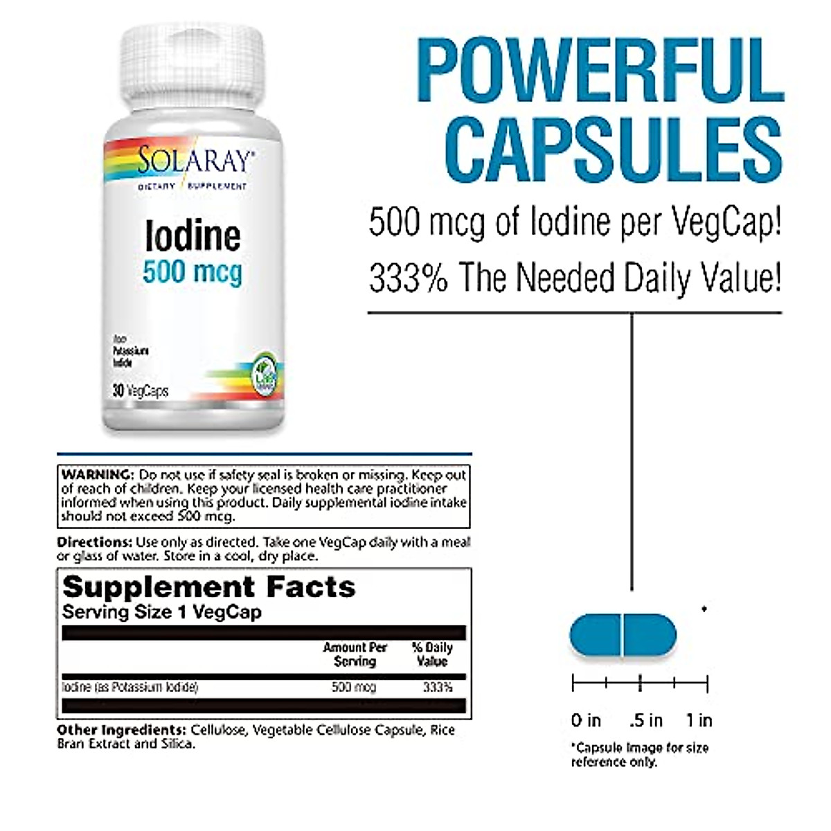 Solaray Iodine 500 mcg | May Help Support Healthy Thyroid Function, Metabolism, Focus and Energy | Non-GMO, Vegan | 30 VegCaps