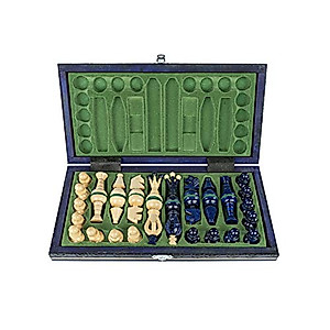 Wooden Folding Chess Set Paris BLUEBERRY Wooden International Board Vintage Carved Pieces - 14"