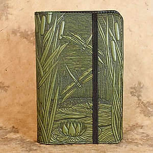 Oberon Design Dragonfly Pond Pocket Notebook Cover, Fits Many 5.5 x 3.5 Inch Notebooks, Embossed Genuine Leather, Fern Color, Made in the USA