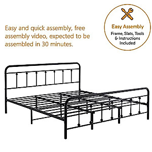 H HESTINYSUSMetal Bed Frame with Vintage Headboard and Footboard, Premium Stable Steel Slat Support Mattress Foundation, No Box Spring Needed and Easy Assembly, Gray Black (King).
