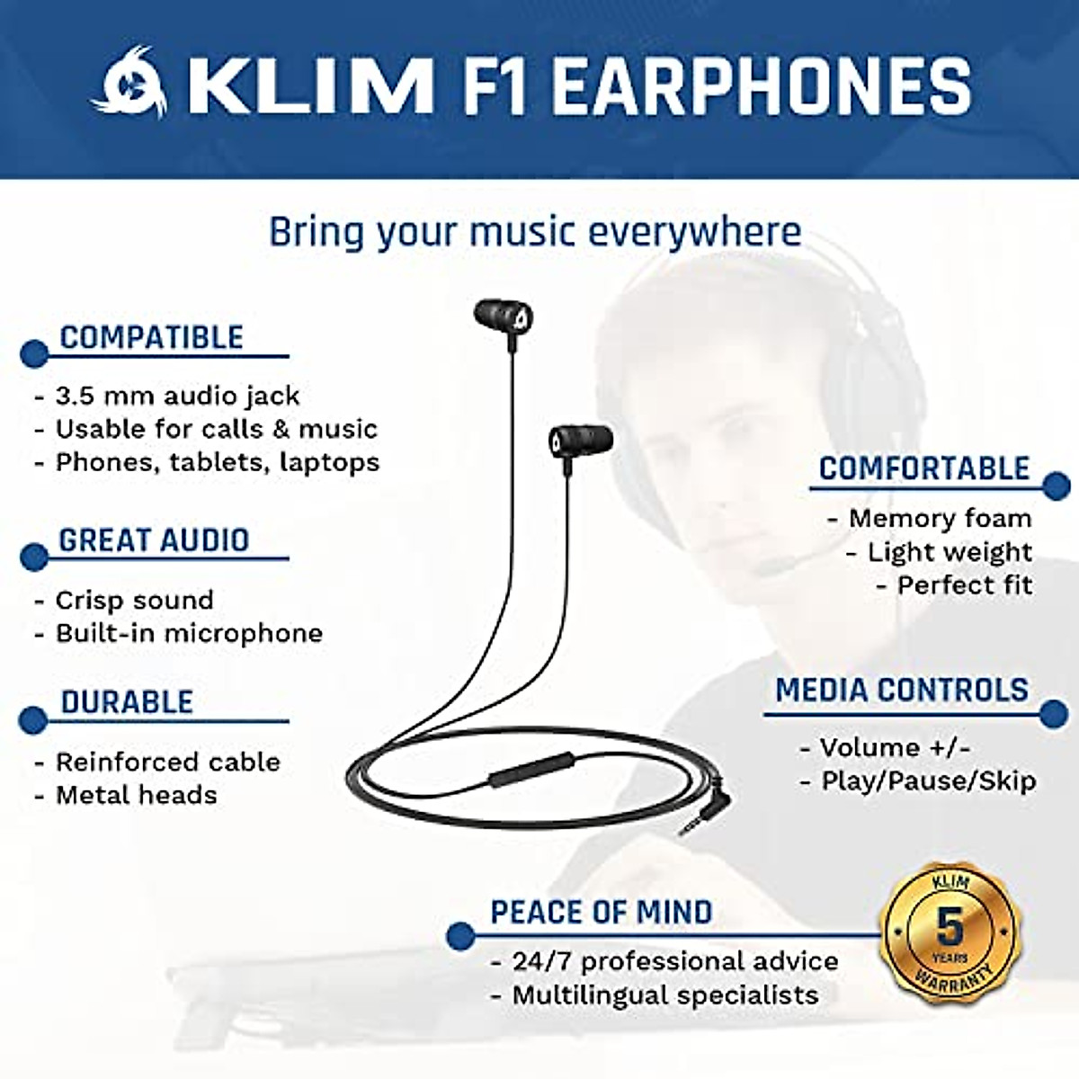 KLIM F1 Earbuds with Microphone + New 2022 + Excellent Audio Quality + Long-Lasting Wired Earphones with Mic + 5 Years Warranty + 3.5 mm Jack in Ear Headphones + Media Controls + Gaming Earbuds