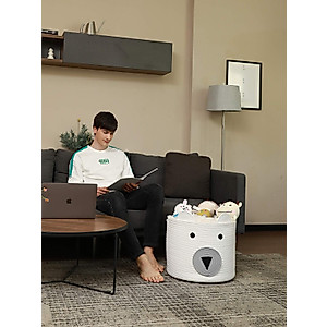 Bear Basket, Animal Basket, Large Cotton Rope Basket, Large Storage Basket, Woven Laundry Hamper, Cloth Storage Bin, for Clothes in Bedroom (White, 18"x15")