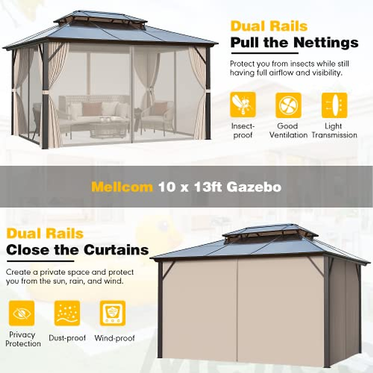 MELLCOM 10 x 13ft Hardtop Gazebo, Polycarbonate Double Roof Aluminum Gazebo, Outdoor Waterproof Canopy Gazebo with Netting and Curtains for Backyard, Deck, Patio