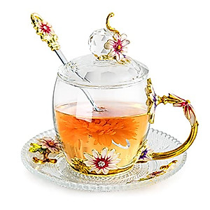 SHEEYEE Vintage Glass Tea Cup and Saucer Set with Lid and Spoon, Enamel Daisy Flower Coffee Mug with Decorative Handle, Elegant Tea Sets for Women, 330ml/11oz