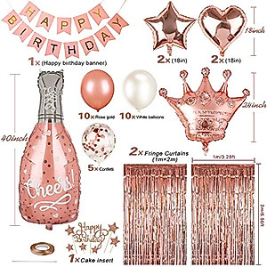 Rose Gold Party Decorations Set,Happy Birthday Confetti Balloons with DIY Cake Topper, Banner, Fringe Curtain,Champagne Foil Balloons,Star Heart Foil Balloons,Crown Balloons for Birthday Supplies