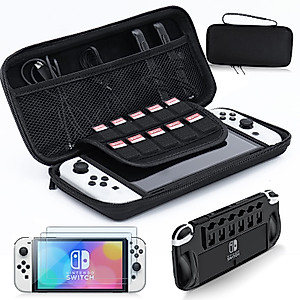 amFilm Switch OLED Accessories Bundle TechMatte 3-in-1 Essential Kit with Carrying Case, 2 Glass Screen Protectors, Designed for Nintendo Switch OLED Model 2021, Classic Black