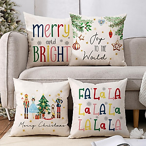 JOJOGOGO Merry and Bright Nutcracker Christmas Decor Colorful Cute Christmas Throw Pillow Covers 18x18 Set of 4 Outdoor Nutcracker Decorations for Front Porch and Patio (No Pillow Inserts)