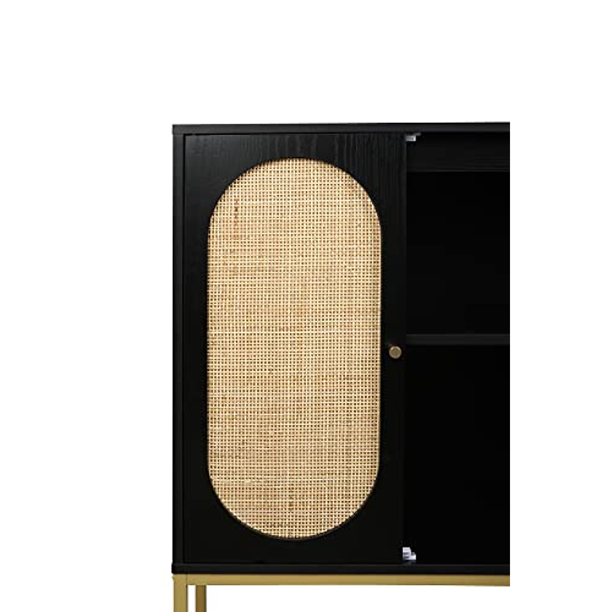 DHPM Natural Rattan 2 Door High, Sideboard Buffet Cupboard Accent Cabinet, Adjustable Shelves,Easy Assembly, Black