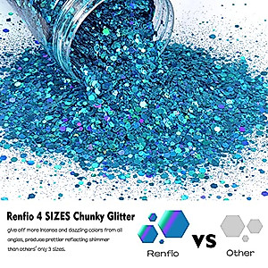 Renfio Holographic Chunky Glitter, 5.64 Oz 160g Extra Fine Glitter Powder Mixed Chunky PET Flake Sequins Bulk for Nail Art Resin Crafts Painting Festival Decor Slime Tumbler Candle - Laser Blue