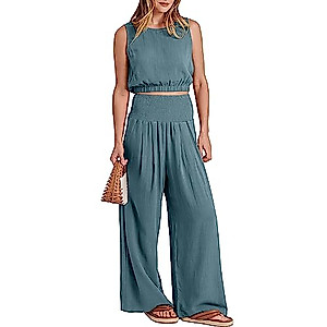 ANRABESS 2 Piece Summer Outfits for Women Casual Lounge Matching Sets Linen Crop Top Long Smocked Waistband Pants Jumpsuits Summer Vacation 2023 Fashion Clothes A1093hulv-M