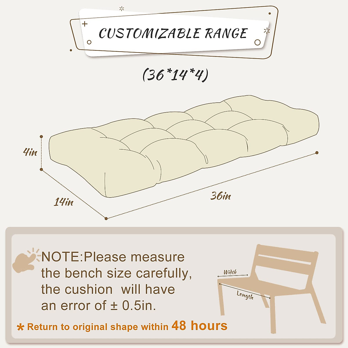 FINDEN Tufted Bench Cushion 36 inch - Non-Slip Bottom, Long Cushion for Window Patio Piano Storge Garden Indoor/Outdoor Furniture Seat, (36x14x4), Red