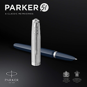Parker 51 Fountain Pen | Midnight Blue Barrel with Chrome Trim | Fine Nib with Black Ink Cartridge | Gift Box