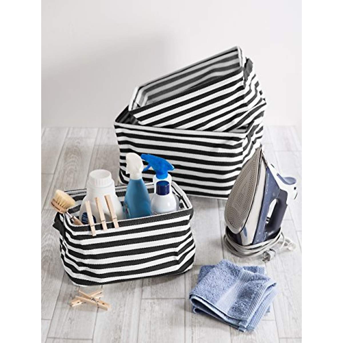 DII Cabana Stripe Laundry Collection, Waterproof Hamper, Assorted Rectangle, Black, 3 Piece
