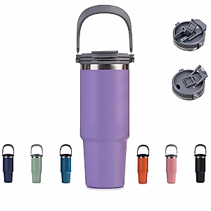 Insulated Straw Mug, 30 oz Anti-Leak Tumbler with 3-Way Lid: Sip, Straw, or Pour - Stainless Steel Travel Coffee Mug Fit Cupholder with Easy-to-carry Handle (Violet)