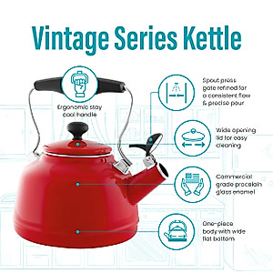 Chantal Tea Kettle, 1.7 QT, Vintage Series, Premium Enamel on Carbon Steel, Whistling, Even Heating & Quick Boil (Chili Red)