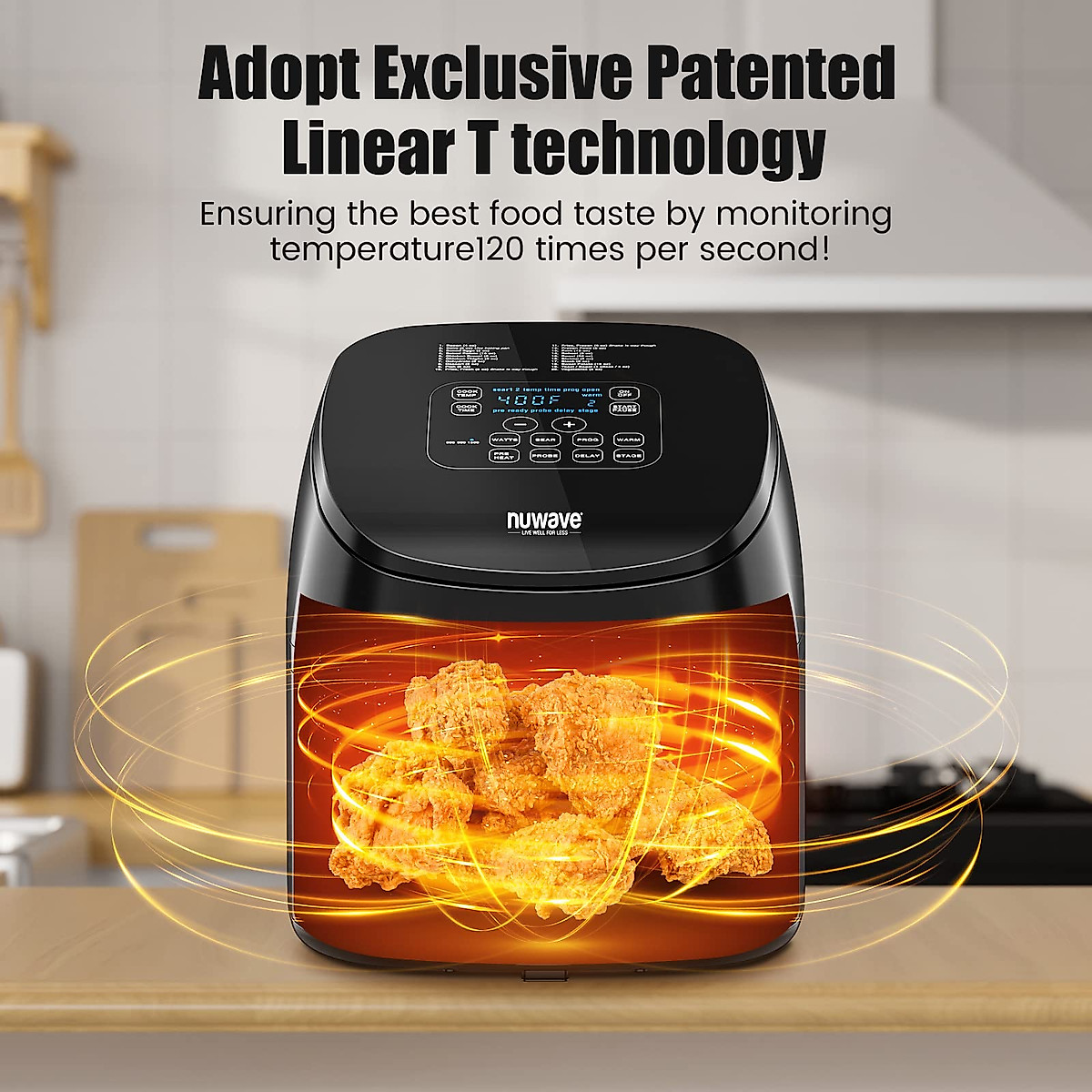 Nuwave Brio 4.5-Qt Air Fryer, 1 Touch Digital Controls, 100°-400°F Temp Controls in 5° Increments, Linear Thermal (Linear T) Technology, 3 Wattage Settings 600, 900 & 1500W, Built-In Safety Features