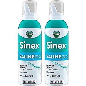 Vicks Sinex Saline Nasal Spray, Drug Free Ultra Fine Mist, Clear Everyday Sinus Congestion Fast, Clear Mucus from a Cold or Allergy, Daily Use 5.0 fl oz x 2