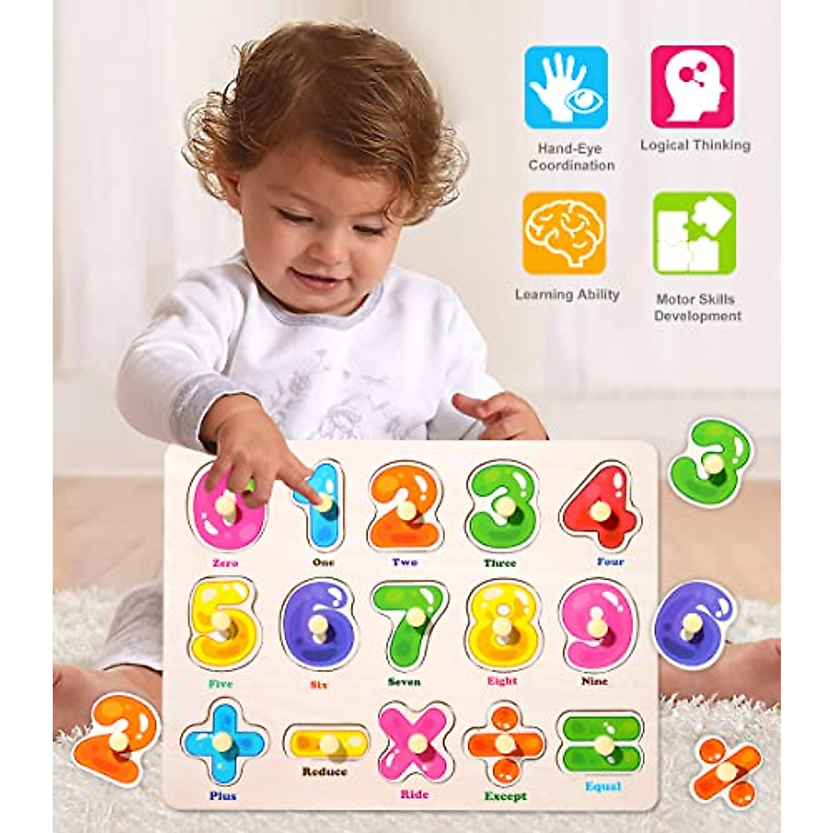 Wooden Peg Puzzles Set for Toddlers 3 4 Years Old, Alphabet ABC, Numbers and Farm Animals Learning Puzzles Board for Kids, Preschool Educational Pegged Puzzles Activity Toys Gift for Boys Girls