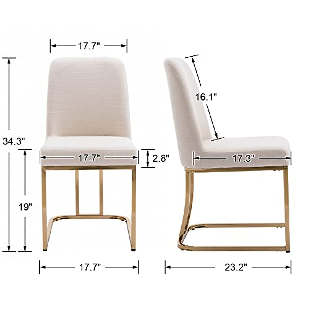 HNY Mid Century Modern Dining Room Chairs Set of 2, Linen Upholstered Fabric Chairs for Dining Room, with Golden Finish Metal Frame, Cream, Cream-linen, 17.7D x 23.2W x 34.3H in