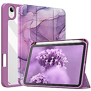 MoKo Case Fit New iPad Mini 6 Case with Pencil Holder (6th Gen 8.3 inch 2021), Soft TPU Frame Hard PC Clear Transparent Back Shell Smart Cover for iPad Mini 6 2021, Auto Wake/Sleep, Marble Gold Purple