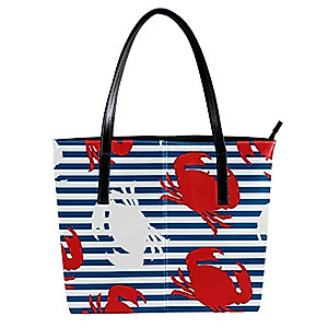 Tote Shoulder Bag for Women, Large Leather Handbags for Travel Work Beach Outdoors Red White Crab Blue Stripes