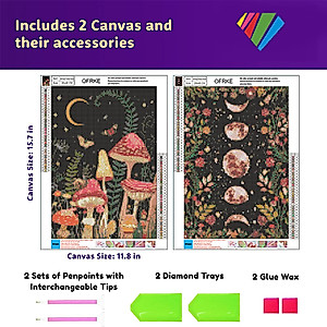 OFRKE 2-Piece Diamond Painting Kits for Adults and Kids，5D DIY Full Drill Round Art Gems Mushroom Forest Diamond Art Perfect for Home Wall Deco Diamond Decor 12"x16"
