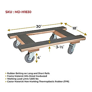 Mytee Products 18"x30" H Frame Movers Dolly w/Rubber Tread & 4" Non Marking Wheels - 1000 lbs WLL H Shape Heavy Duty 4 Wheel Moving Dolly Cart for Packing & Moving Supplies - Furniture Piano Dolly