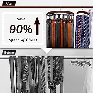 Belt Hanger Organizer, Upgraded Tie and Belt Organizer, 20 Hooks Wooden Belt Rack for Storage, 360°Rotating Space Save Belts Organizer for Tie, Tank Top, Scarf, Stored Up to 60 Belts-Red