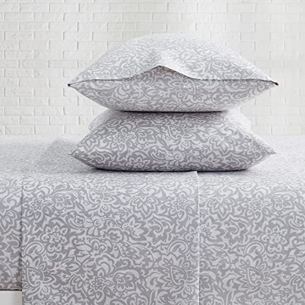 Indigo Ink - Full Size Sheet Set, 4-Piece Boho Floral Damask Patterned Bedding, Soft & Wrinkle Resistant (Tufted Medallion Collection, Grey)