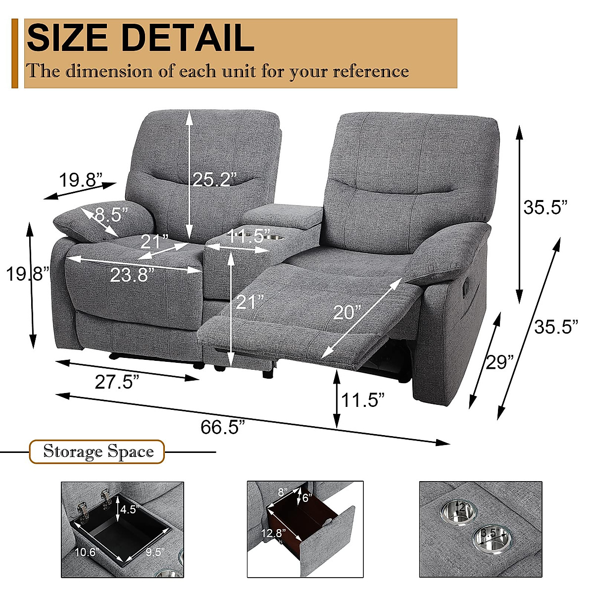 B BAIJIAWEI Double Reclining Loveseat - Fabric Home Theater Seating with Console - 2 Seater Manual Reclining Couch for Living Room, Office (Fabric- Light Grey)