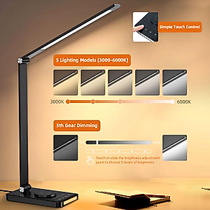 GTIMLMC Desk Lamp with Wireless Charger, LED Table Lamps for Home Office, USB Charging Port, Blue and Warm Bedside Night Light, Touch Dimmable, Eye-Caring, Timer, with Adapter, Black