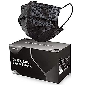 Pack of 50 Disposable Face Mask 3-Ply Breathable & Comfortable Safety Mask, Protective Masks for Indoor and Outdoor - Individually Wrapped (Black Mask)