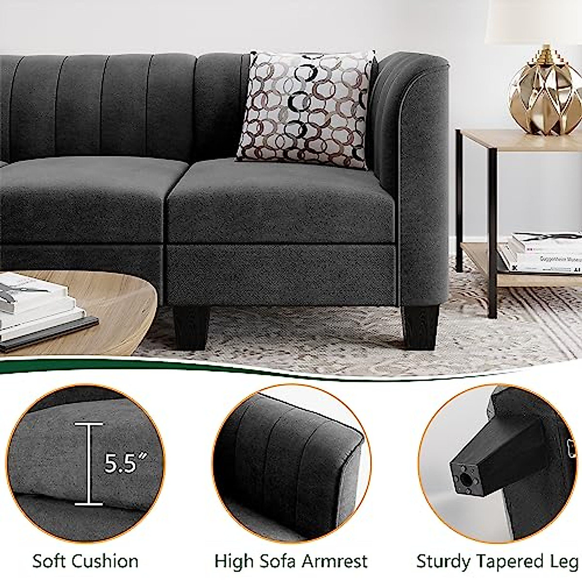 Shintenchi Upgraded Convertible Sectional Sofa Couch, 3 Seat L Shaped Sofa with High Armrest Linen Fabric Small Couch Mid Century for Living Room, Apartment and Office (Black)