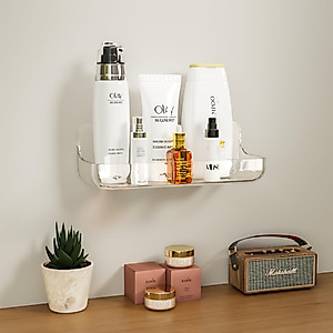 2 Pack Acrylic No Drill Adhesive Shelf, Wall Mount Organizer Shower Bathroom Shelves, Clear Stick On Shelf for Kitchen, Living Room