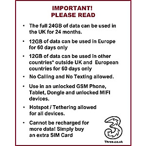 UK3 Prepaid Europe SIM Card 24 GB Data for up to 24 Months, 71 Destinations. No Calling and no Texting. Hotspot/Tethering Allowed. International Roaming Outside UK for 60 Days only.