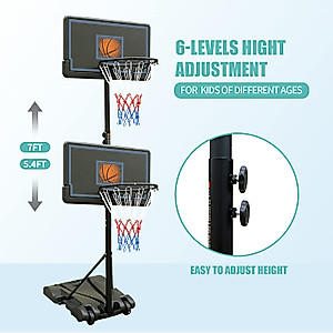 Kids Adjustable Basketball Hoop 5.7-7FT Portable Basketball Hoop for Kids Teenagers Youth and Adults,30 Inch Backboard Basketball Goal Stand Indoor Outdoor Sports Court Play