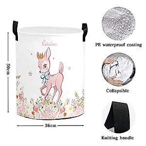 Pink Bambi Floral Deer Personalized Laundry Basket Clothes Hamper Storage Handle Waterproof, Custom Collapsible Large Capacity , for Bedroom Bathroom Toy Decoration