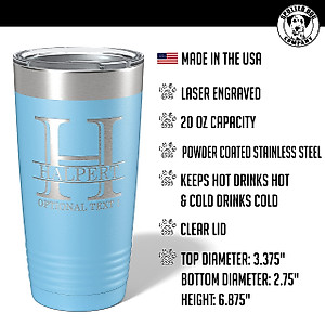 Personalized 20oz (17 Colors) Powder Coated Insulated Stainless Steel Tumbler with Lid, Custom Etched, Customized Engraved Gift Idea for Women Men Her Him, Halpert Monogram Initial Name (Light Blue)
