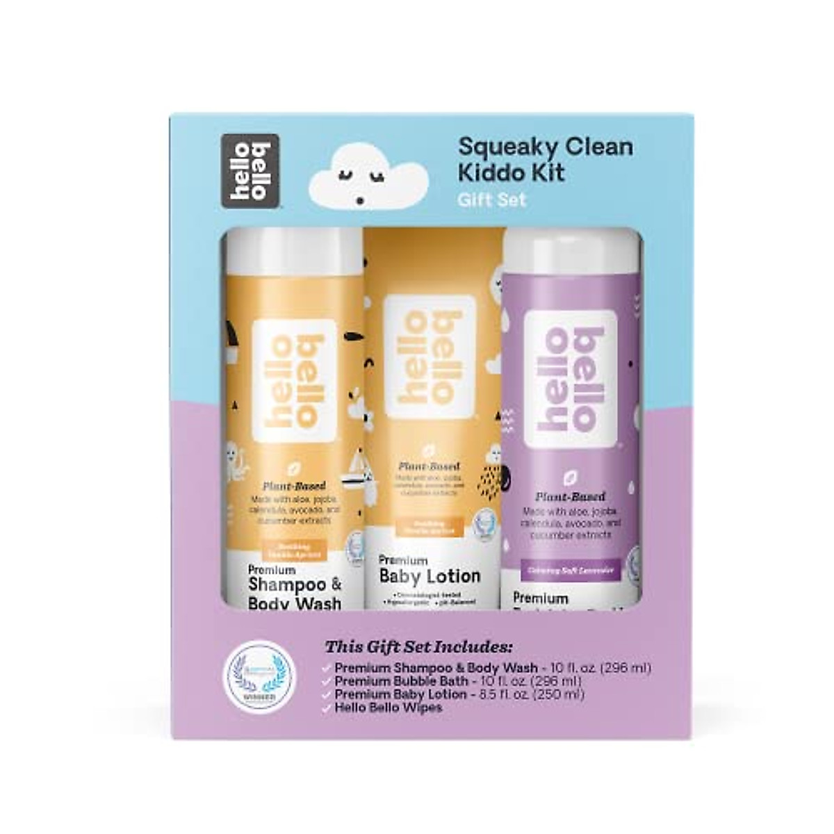 Hello Bello Squeaky Clean Kiddo Set - Includes Shampoo & Body Wash, Bubble Bath, Lotion and Wipes