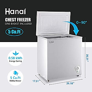 Chest Freezer Compact Deep Freezer WANAI 5.0 Cu.Ft for Garage Adjustable Temperature 7 Thermostat and Energy Saving Removable Basket for Garage Basement Dorm Apartment Kitchen Business
