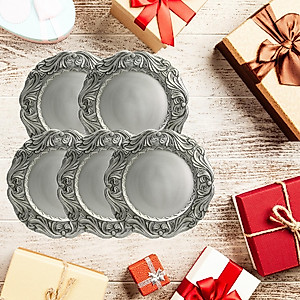 Leemxiiny Antique Silver Charger Plates with Embossed Edge, Plastic Flora Decorative Chargers for Dinner Plates Set of 6 Bulk Wedding for Table Setting, Party, Holiday