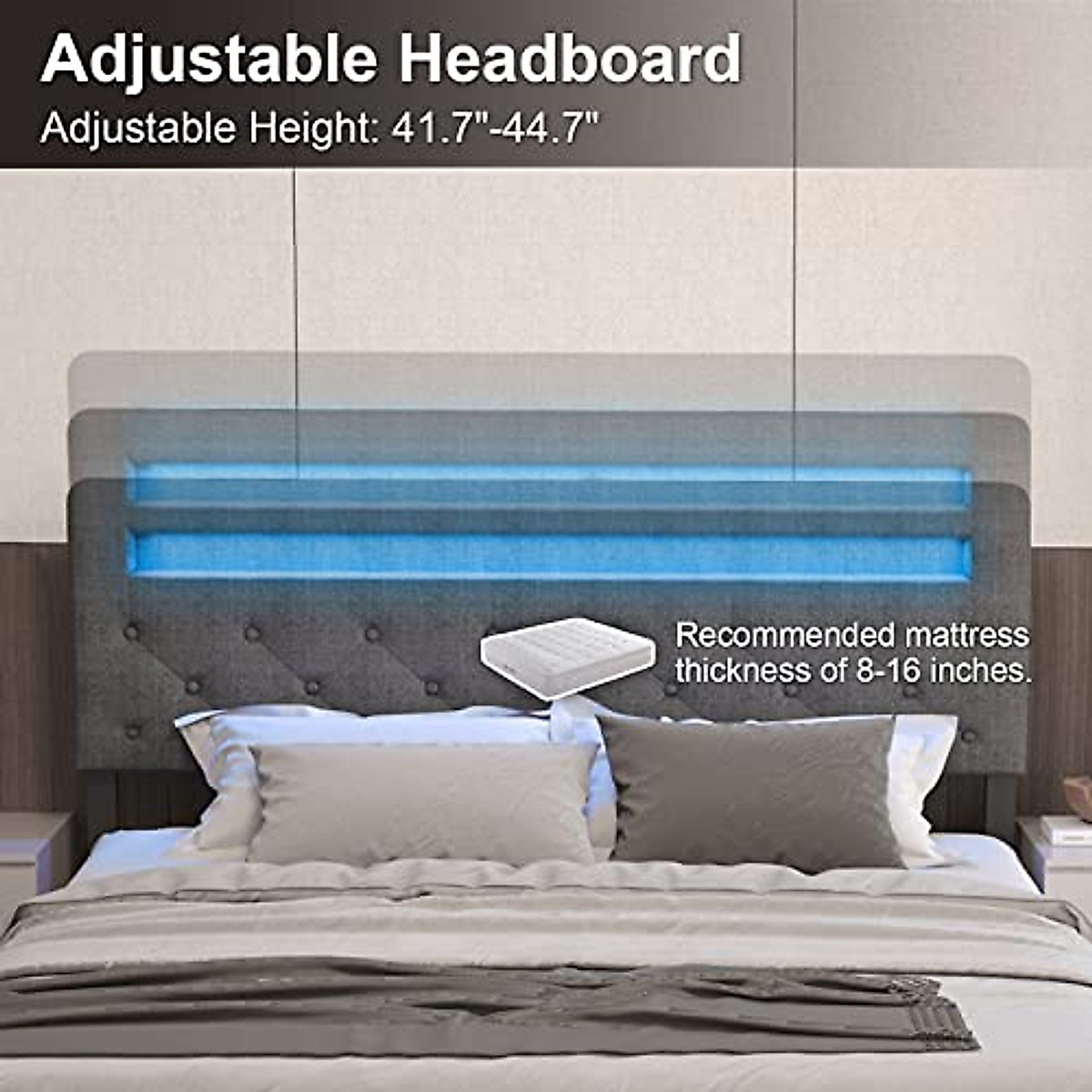 HOMFAMILIA Queen Bed Frame with Headboard and Drawers, LED Bed Frame with Adjustable Storage & LED Lights Headboard, Upholstered Platform Bed with 2 USB Ports, No Box Spring Needed, Dark Grey