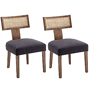 VESCASA Linen Upholstered Dining Chairs with Natural Wood Legs, Farmhouse Padded Dining Chairs with Rattan Curved Open Back for Dining Room, Kitchen, Set of 2, Charcoal