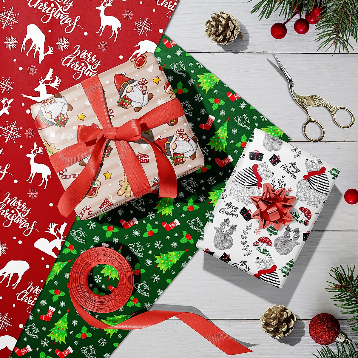 SaringSwoon Christmas Wrapping Paper for Boys Girls Kids Adults - Xmas Gift Wrap With Gnome, Reindeer, Polar Bear, Merry Christmas on Green and Red - 43×29 Inches, 6 Folded Sheets, Recyclable