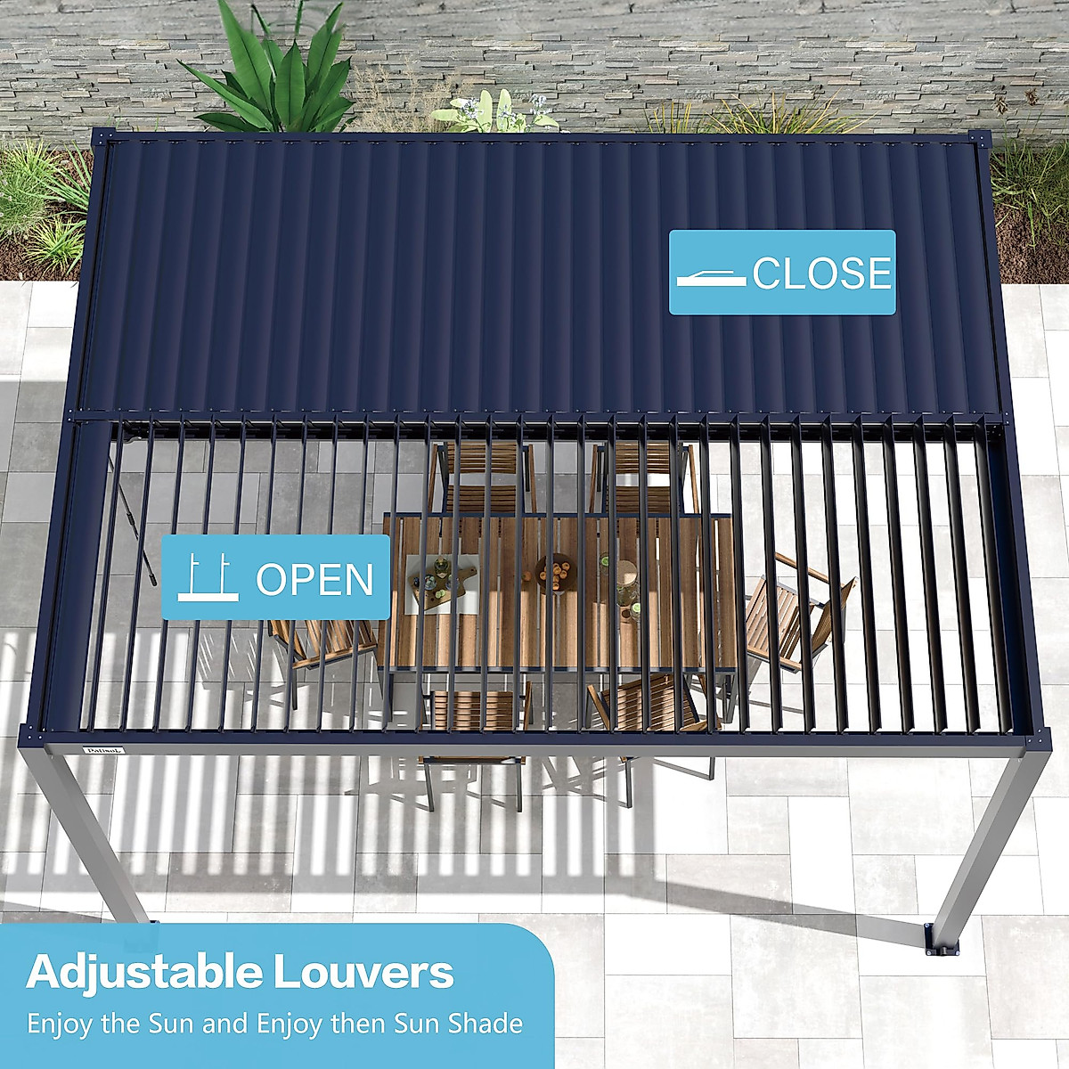 PATISOL Louvered Pergola 10'x13' Full Aluminum Patio Outdoor Pergola with Adjustable Roof Rainproof Sun Shade Easy Installation Pergola Hardtop Gazebo for Deck Garden Yard Beach (Dark Grey)