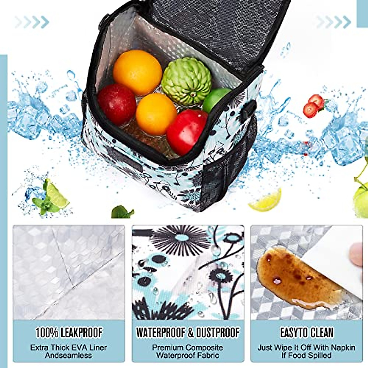 Vessgra Insulated Lunch Bags for Women/Men, Floral Lunch Box, Insulated Lunch Box for Office Work Picnic Travel Leakproof Cooler Lunch Bag with Adjustable Shoulder Strap for Adult/Geometry