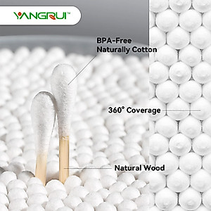 YANGRUI Cotton Swab, 375 Count Wooden Stick BPA Free Naturally Pure Double Round Ear Swabs White Cotton Buds (Pack of 1)
