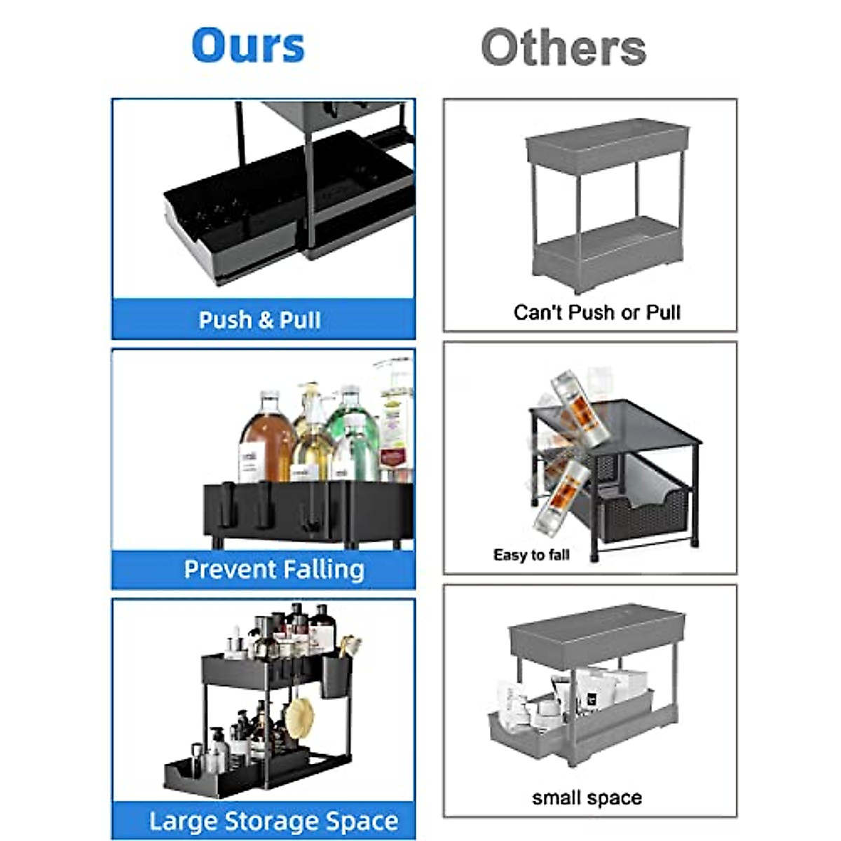 Under Sink Organizers and Storage 2 Pack, 2 Tier Under Cabinet Organizer, Bathroom Counter Organizer, Multi-purpose Kitchen Bathroom Sink Storage with Sliding Storage Drawer, 8 Hooks, 2 Cups